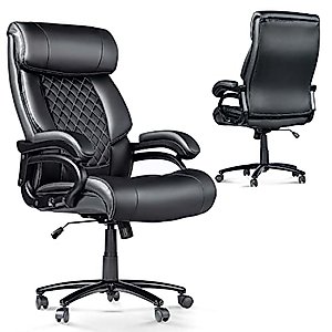 Big and Tall Office Chair, Computer Desk Chair with High Back, Office Chairs for Heavy People, PU Leather Home Office Desk Chair for Bedroom, 360°Rotating Heavy Duty Office Chair, Black