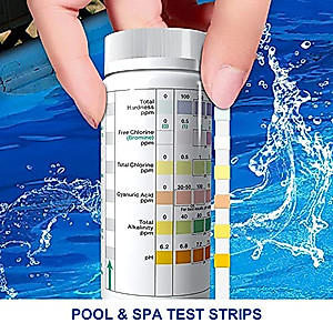 RUNBO Pool Test Strips 7-in-1 (100 Count), Quality Testing Strips - Simple and Easy - Test Free Chlorine, Total Chlorine, Bromine, Total Hardness, Total Alkalinity, pH and Cyanuric Acid