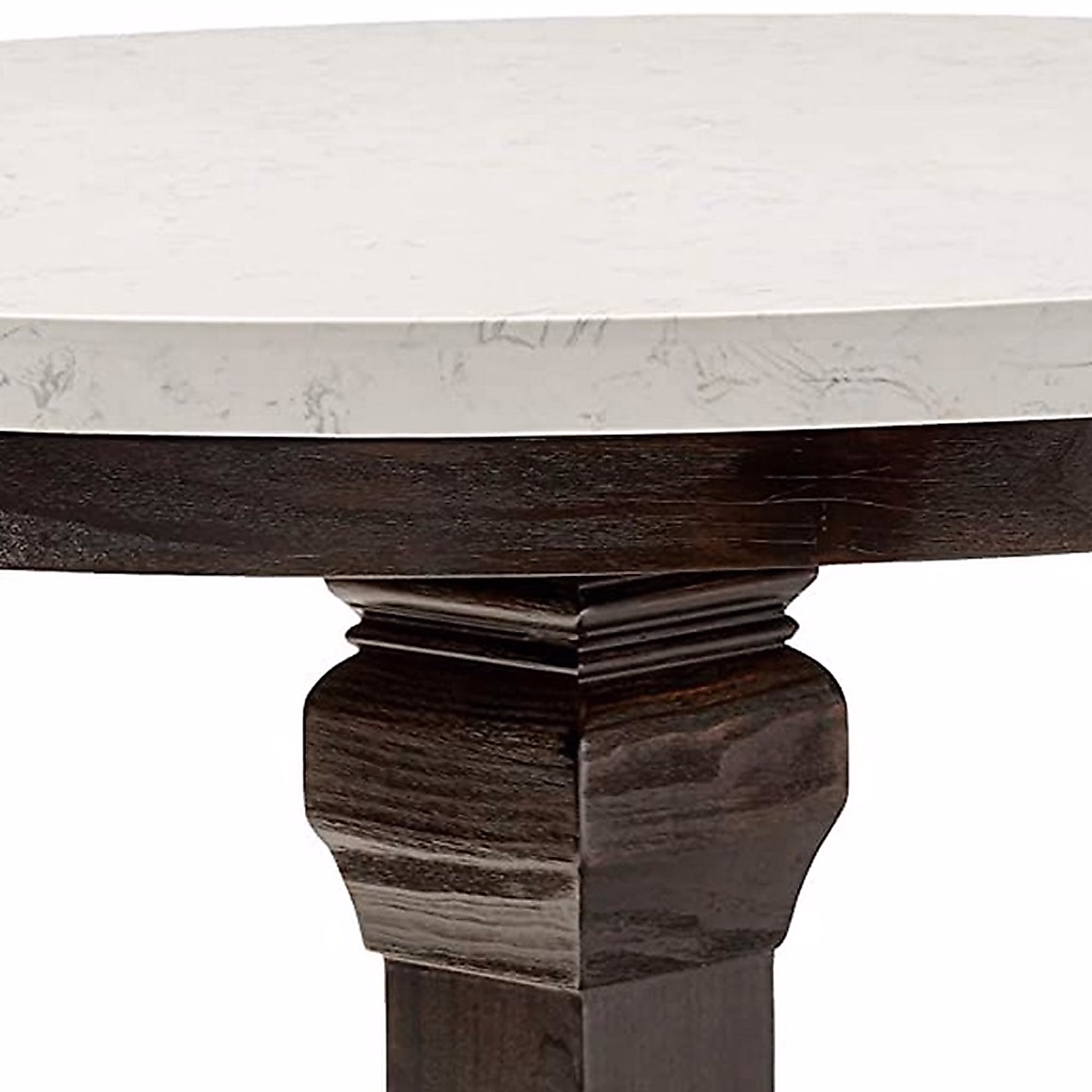 Benjara Dining Table with Marble Top and Pedestal Base, White and Gray
