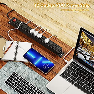 12 Outlet Metal Power Strip, 19inch Rack Mount Heavy Duty Power Strip for Network Cabinet Garage Workbench, 6ft SJT 16AWG Power Cord, Black