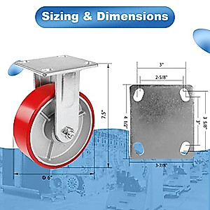 6 Inch Industrial Fix Casters Heavy Duty No Noise Polyurethane Wheel on Steel Hub, 1200 Lbs Load Capacity Per Rigid Casters for Utility Cart, Dollies (2 Pack)