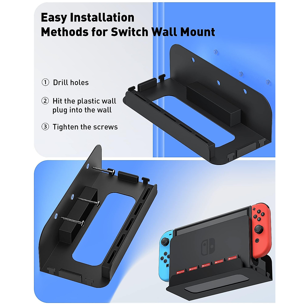 ZAONOOL Wall Mount for Nintendo Switch and Switch OLED with 2 Controller Wall Holders, Metal Wall Mount Kit Stand with 5 Game Card and 4 JoyCon Shelfs, Safely Store Console Near or Behind TV, Black