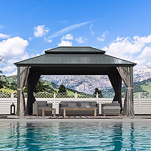 Domi 12’ X 16’ Hardtop Gazebo Canopy with Netting & Curtains, Outdoor Aluminum Gazebo with Galvanized Steel Double Roof for Patio Lawn and Garden, Gray