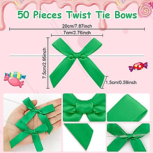 50 Pack Green Twist Tie Bow, Satin Ribbon Bows Small Bows for Crafts, Mini Bowties Bowknot for Gifts DIY Decorations Treat Bags, Gift Wrap Bags, Bakery Cookie Candy Bags Party Favors Packaging Bows