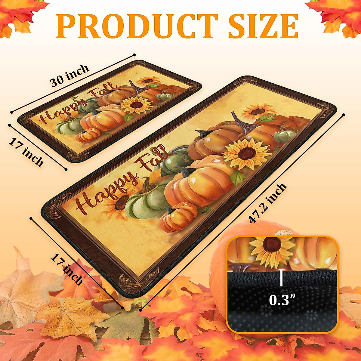 Happy Fall Pumpkin Decorative Kitchen Rugs Set of 2,Non Skid Washable, Home Seasonal Fall Holiday Party Autumn Harvest Thanksgiving Kitchen Mat 17"x47"+17"x30"