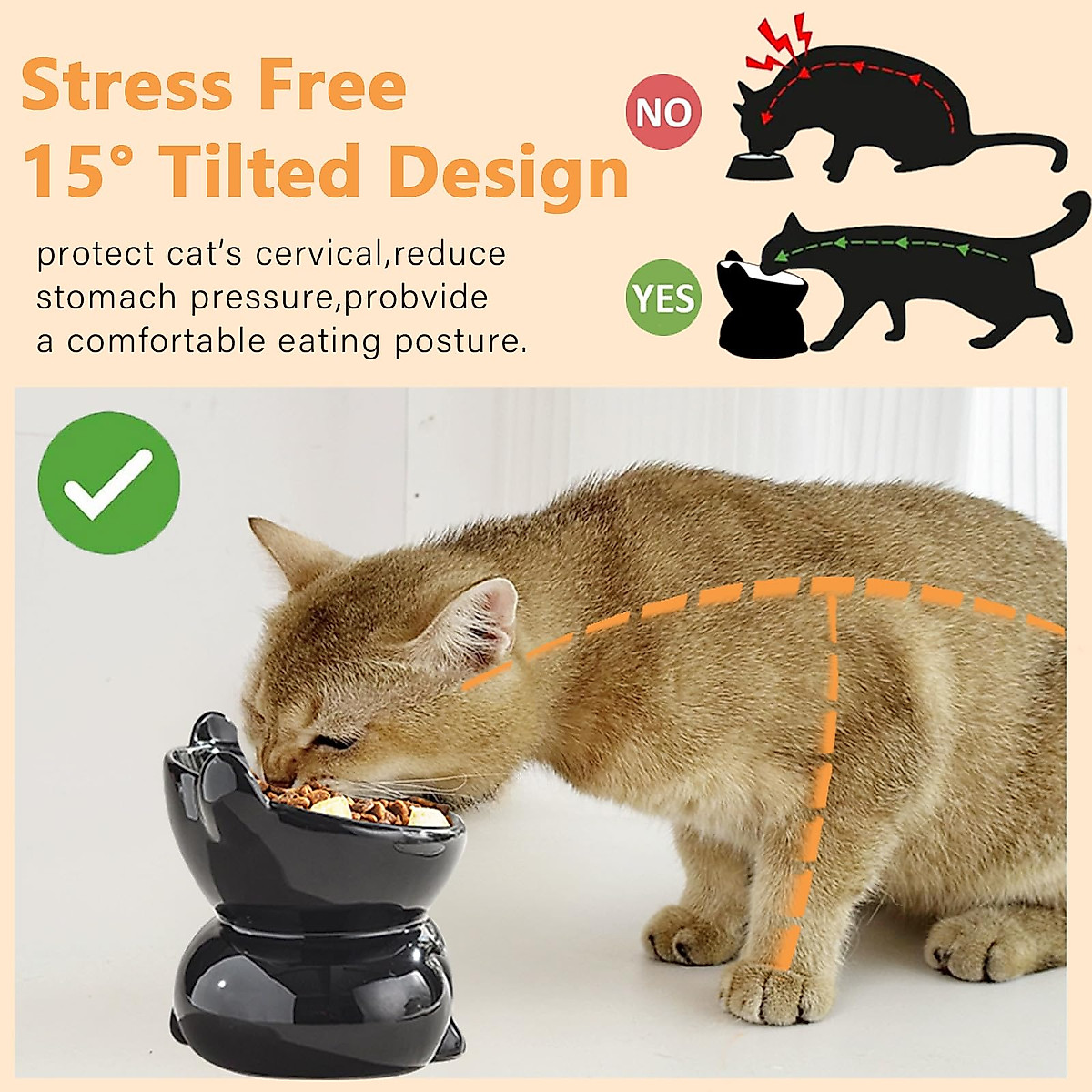 Elevated Cat Bowls, 15° Tilted Raised Cat Food Bowl Anti-Vomiting,Whisker Friendly, Cat Dishes for Protecting Spine (Black)