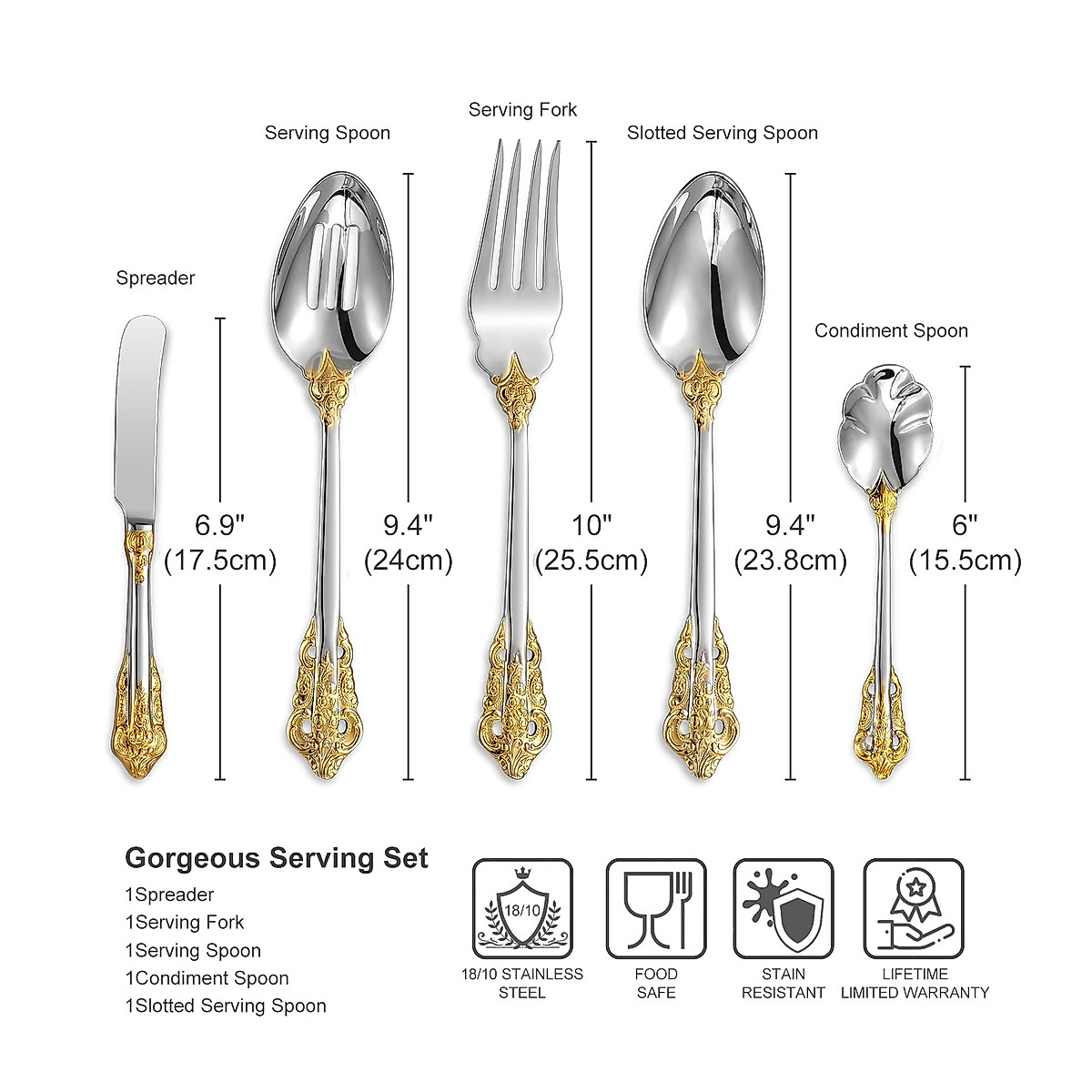 KEAWELL Gorgeous 5-Piece 18/10 Stainless Steel Hostess Serving Utensil Set, Dishwasher Safe, Gold Accent