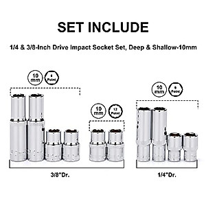 CASOMAN 10Piece Impact Socket Set, 1/4" & 3/8" Drive, Deep & Shallow, 10mm, Metric, Mirror Chrome Finish