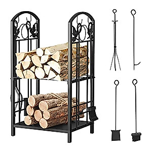 DAWNSPACES Firewood Rack with Fireplace Tools, 30 Inch 2-Tier Outdoor Log Rack Wood Holder Storage, Patio Log Stand, Heavy Duty Log Storage Bin Indoor for Fireplace with Leaves Pattern, Black