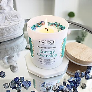 White Sage Lavender Handmade Handpoured Handcrafted Scented Pretty Candle Lapis Lazuli Healing Crystal Inside Infused 100% Natural Soy Wax Aromatherapy Positive Energy Cleansing Meditation Made in USA