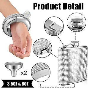 Yaomiao 2 Pcs Hidden Bottles for Women Creative Bangle Bracelet Bottle 3.5 oz 6 oz Rhinestone Water Bottle Diamond Bottles 304 Stainless Steel Hip Bottle Funnel Set for Girls Men (Silver)