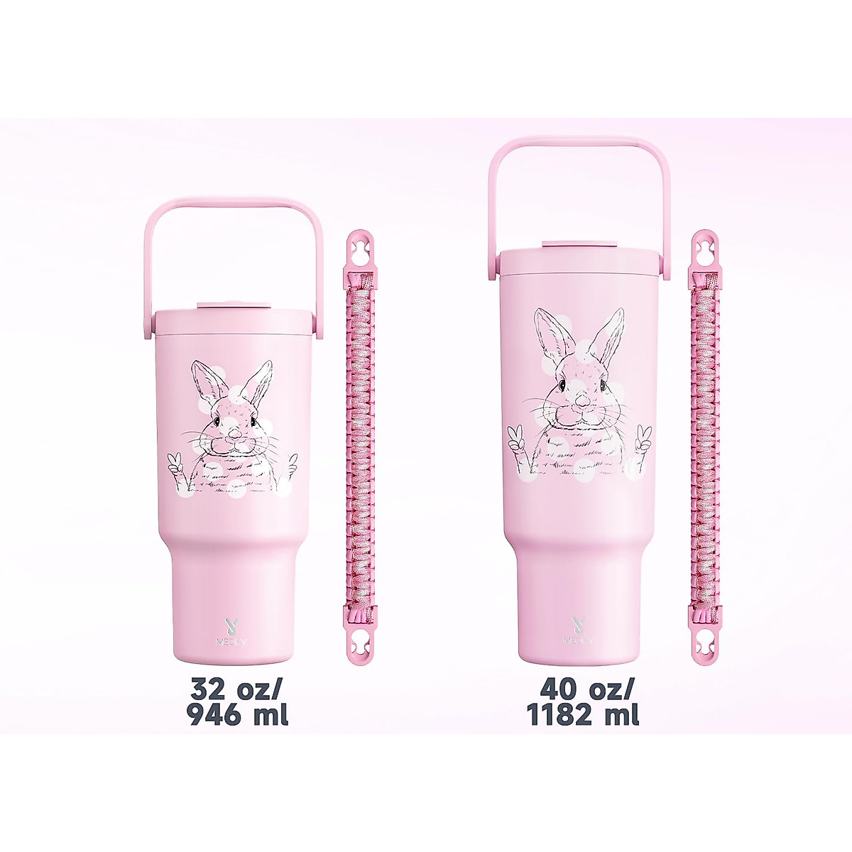 Meoky 40 oz Tumbler with Handle and Straw, Insulated Water Bottle, Stainless Steel Travel Mug, Keeps Cold for 34 Hours, 100% Leak Proof, Fits in Car Cup Holder (Bunny)