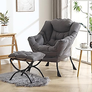 Welnow Lazy Chair with Ottoman, Modern Lounge Accent Chair with Armrests and a Side Pocket, Leisure Upholstered Sofa Chair Set, Reading Chair with Footrest for Small Space, Corner Chair, Dark Grey