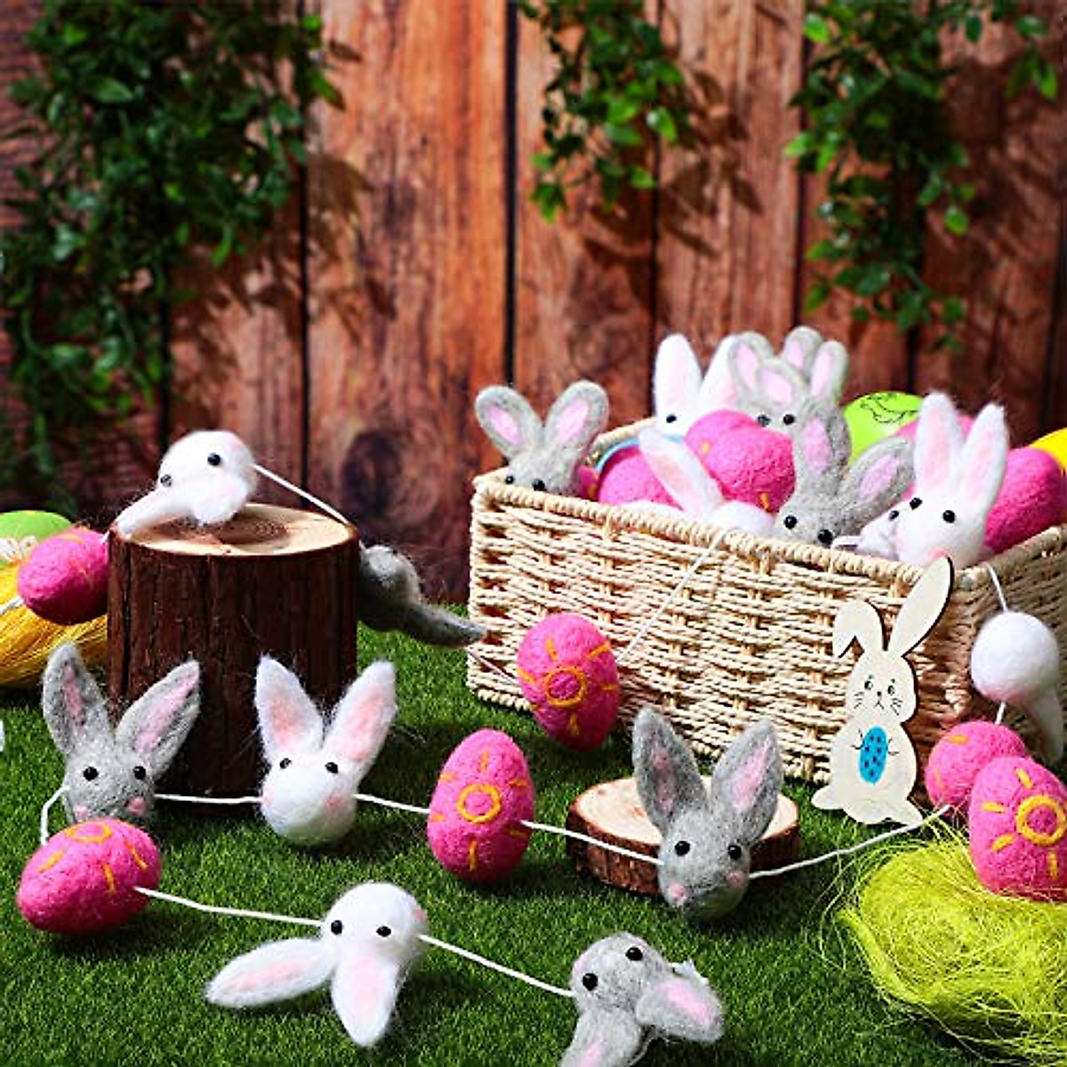 Tatuo Easter Wool Felt Egg Garland Handmade Bunny Pom Pom Garland Colorful Wool Felt Egg Balls Decorations for Spring Easter Indoor Outdoor Home Party Hanging Decor