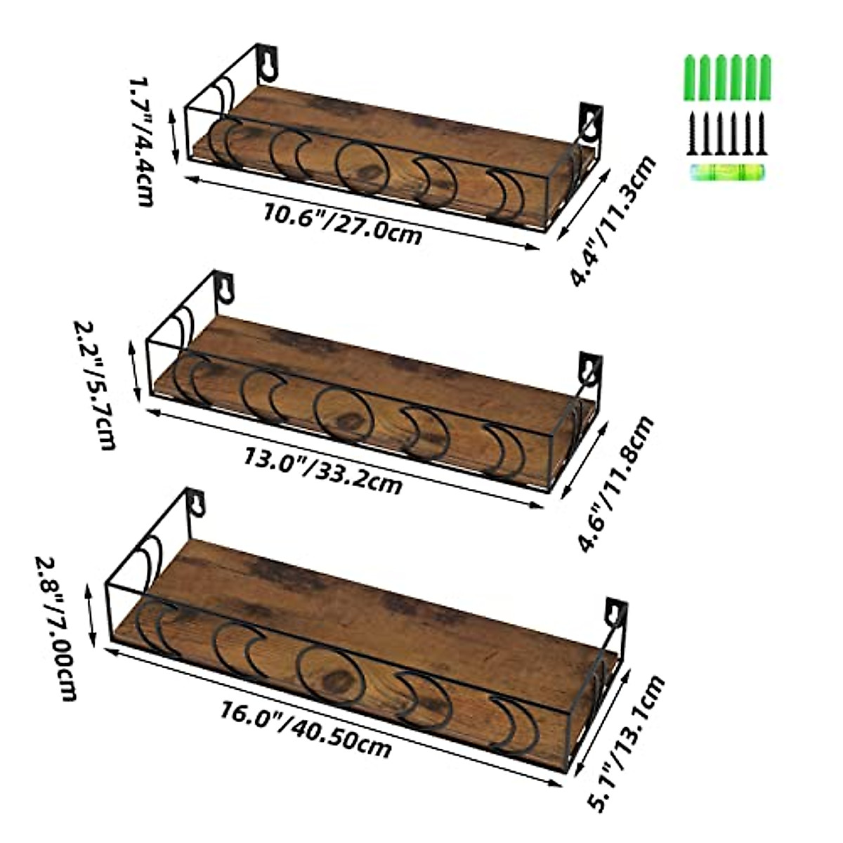 Serwrsw Small Moon Phase Shelf Set of 3 Sizes, Floating Book Plant Shelves for Wall Storage Decor, Rustic Wall Mounted Shelves for Bedroom Living Room Kitchen Laundry Bathroom