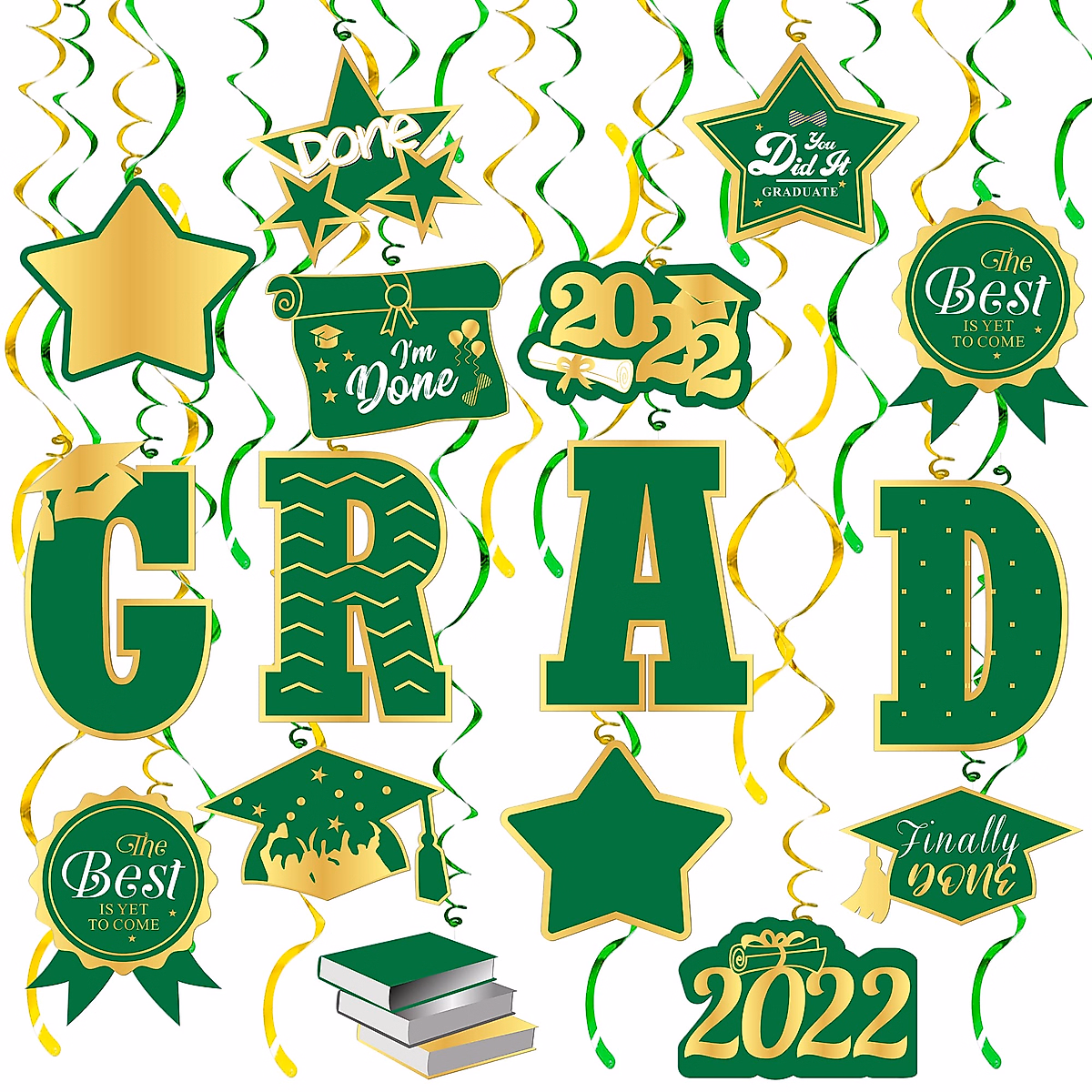 46 Pieces, XtraLarge Graduation Hanging Decorations - No DIY, Green Graduation Swirls | Glitter Congrats Grad Banner - 10 Feet | Green and Gold Graduation Decorations 2022 | Congratulations Banner