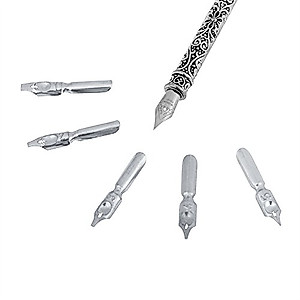 Antique Quill Pen Set, Vintage Carving Feather Pen Set, Calligraphy Writing Dip Pen with 5 Replacement Nibs, 1 Wax Seal Stamp and 1 Sealing Wax