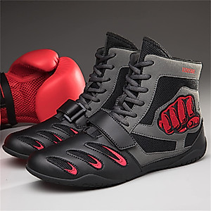 REXSVAN Men's Women's Wrestling Shoes Non Slip Breathable Ankle Protection Squat Boxing High top Training Boots Sports Fitness Shoes Grey Red