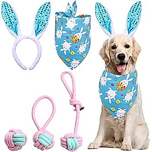 Dog Easter Bunny Costume, 5 Pieces Sequin Pet Rabbit Ears Headband Headwear, Rabbit Egg Bandana, Teething Chew Rope Ball Toy Set, Dog Easter Costumes for Small Medium Dogs Puppy Party Accessory (Blue)