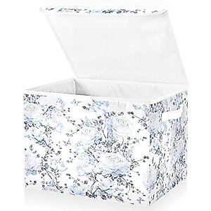 Storage Basket Light Blue Flowers Storage Boxes with Lids and Handle, Large Storage Cube Bin Collapsible for Shelves Closet Bedroom Living Room, 16.5x12.6x11.8 In