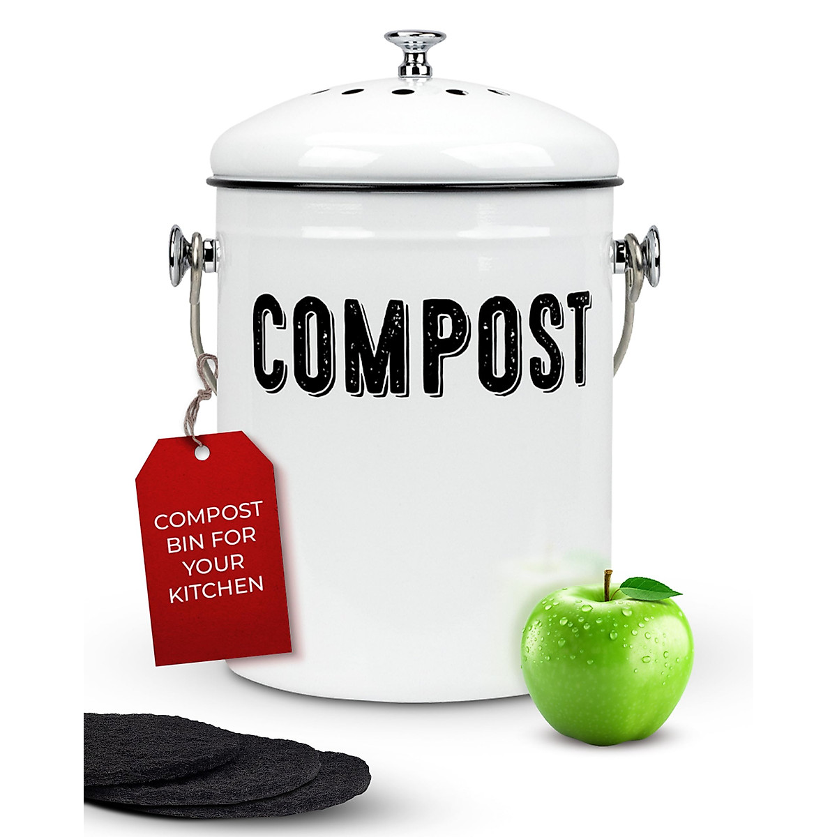 Granrosi Compost Bin Kitchen, Kitchen Compost Bin Countertop, Indoor Compost Bin, Countertop Compost Bin with Lid, 100% Rust Proof Compost Bucket w/ Non-Smell Charcoal Filters, 1.3 Gallon - White