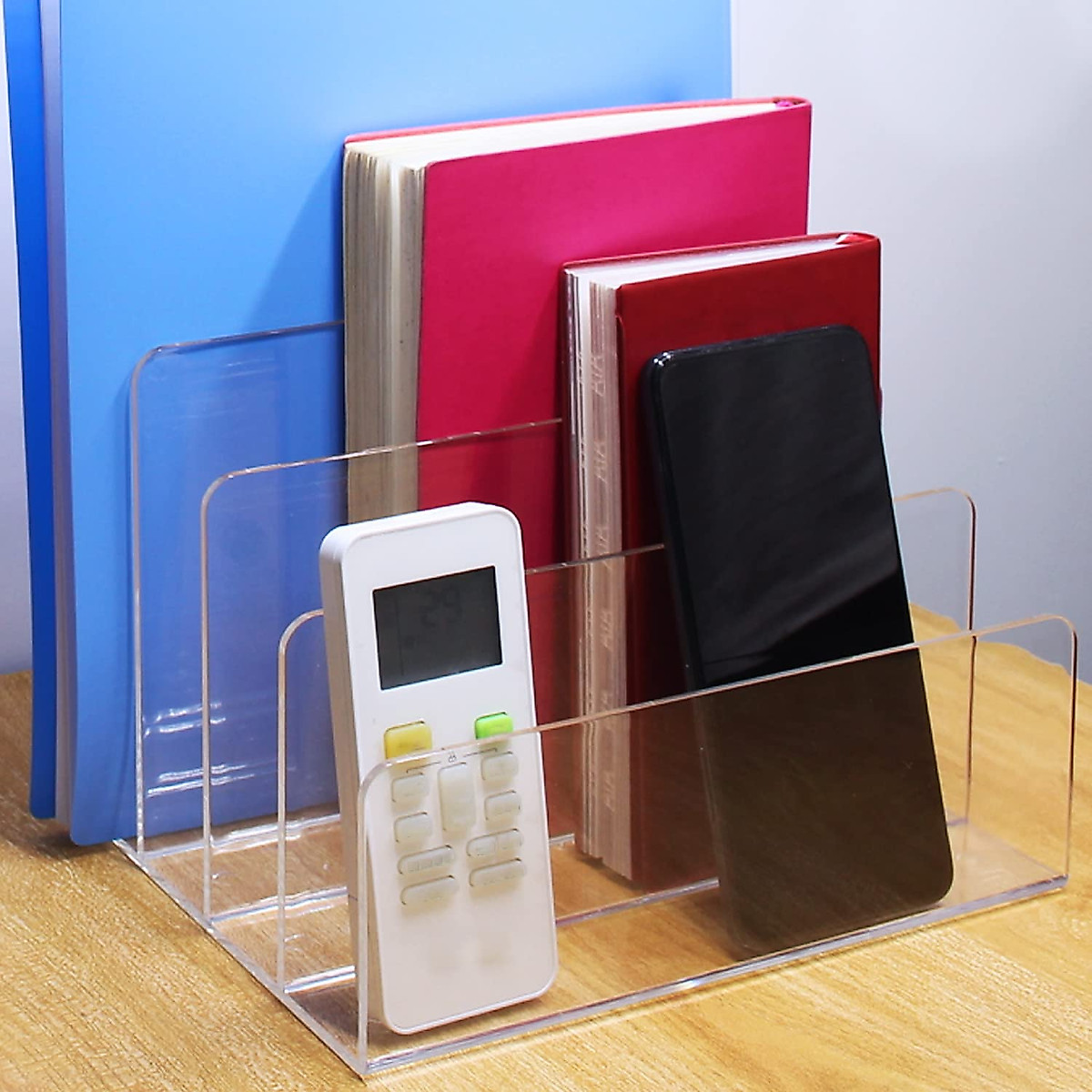 Halyuhn Acrylic Desk File Organizer, 4Sections Clear File Organizer for Desk, Letter Organizer Desktop, Acrylic Mail Organizer Countertop for Notebook, Document and Mail, File Holder for Desk,1Pcs