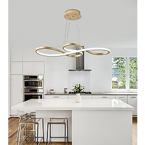Q&S Modern LED Chandelier Gold Contemporary Light Fixtures Pendant Light Hanging Light for Dining Room Kitchen Island Dimmable Chandeliers with Remote Control 4000K-6000K L30 in