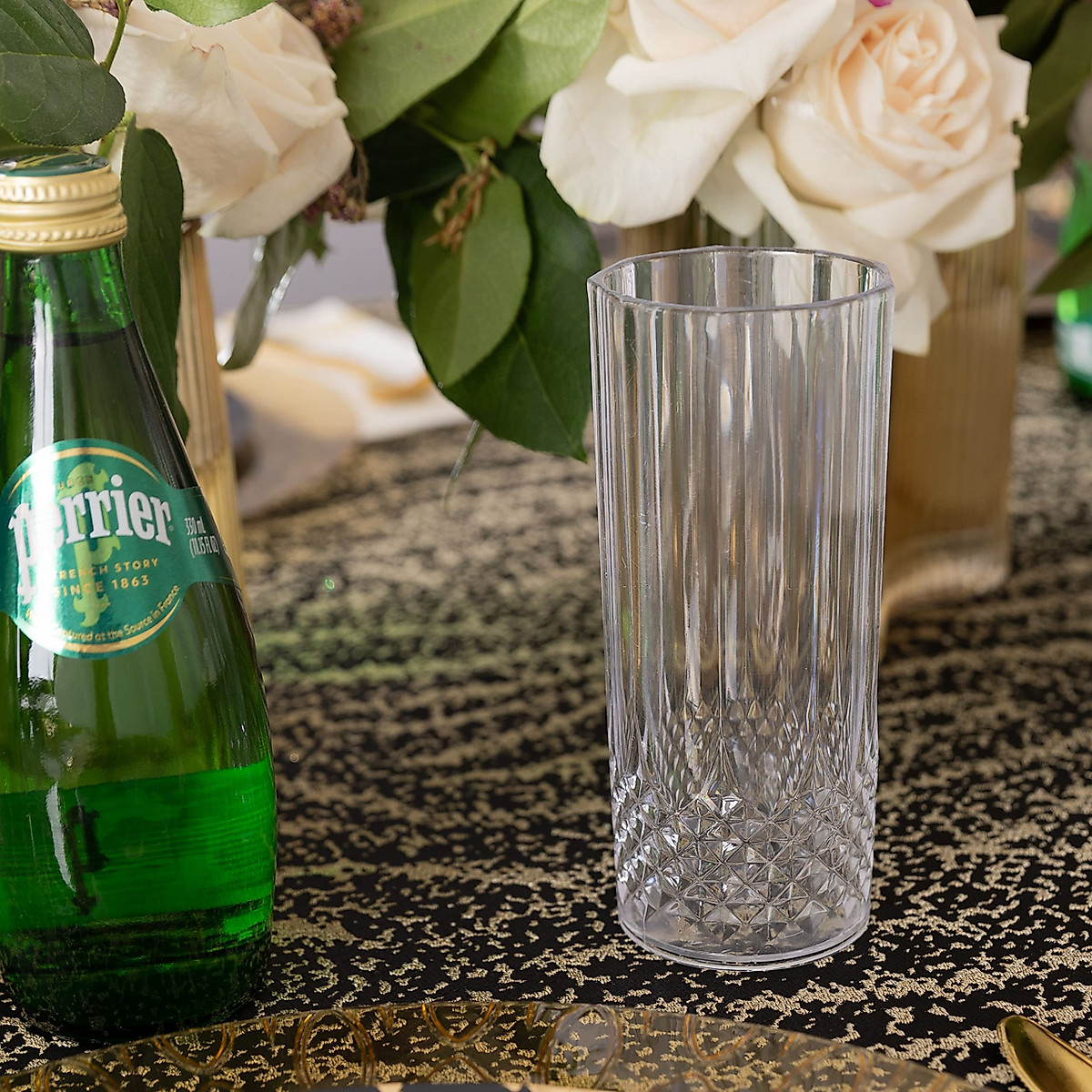 PARTY BARGAINS 8 Crystal-Like Highball Glasses (14oz) - Disposable Shatterproof Elegant Design Glass Sets for Drinking, For Pool Parties, Outdoors Receptions, Weddings