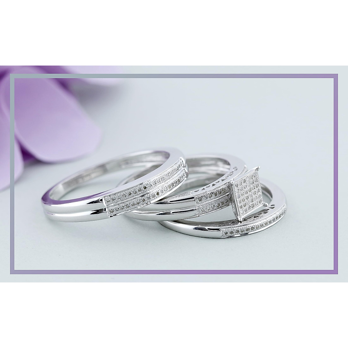 Dazzlingrock Collection 0.27 ctw Round White Diamond Square Head Trio Ring Set in 925 Sterling Silver, W-8 & M-8