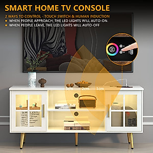 LVSOMT Modern TV Stand with Storage, Entertainment Center Cabinet for Living Room, Media Console with 24 Color Lights (Pearl White - RGB)