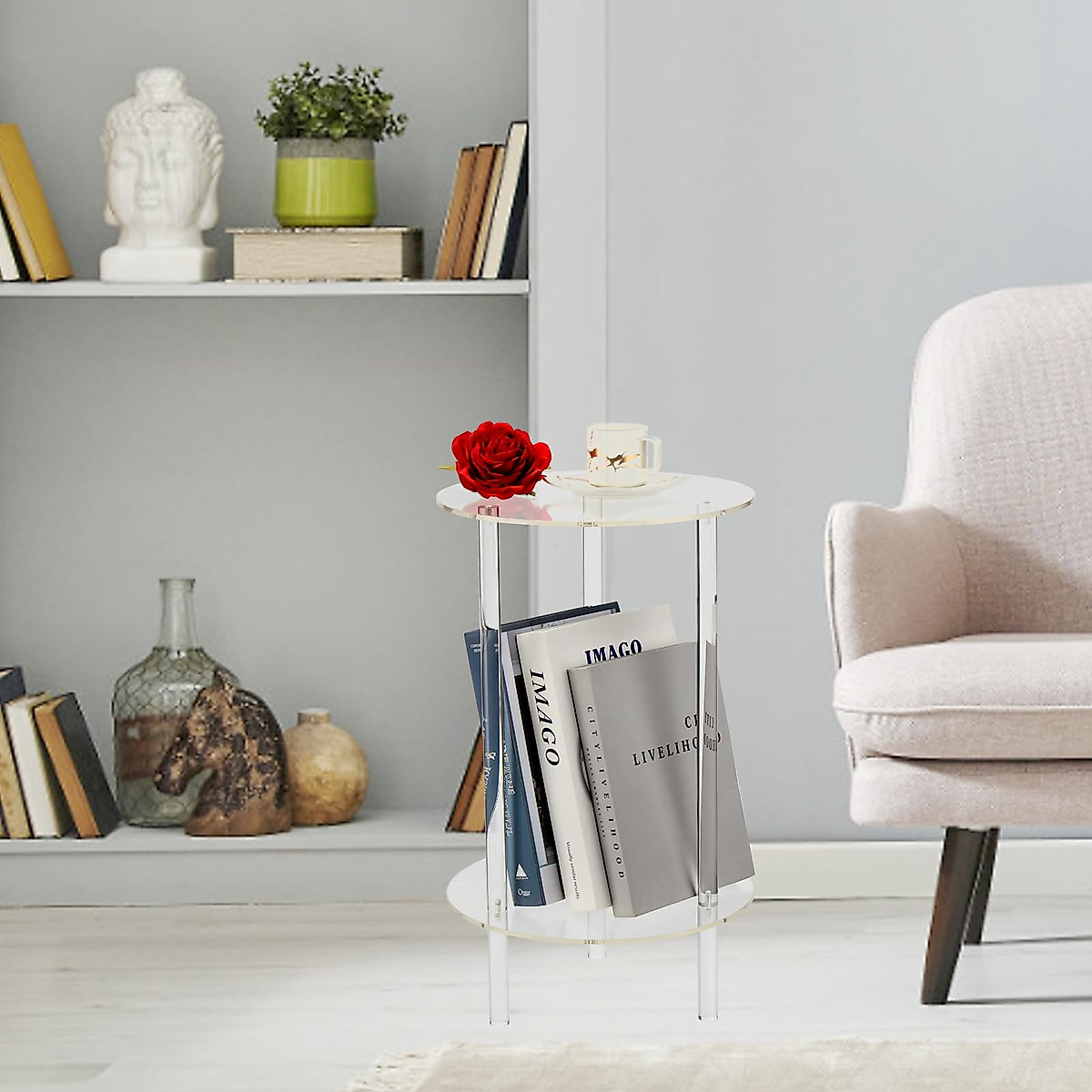 YINSHCO Acrylic Detachable End Table, Round Acrylic Coffee Table, 2 Tier Multifuntional Clear Nightstand End Table for Small Spaces, Detachable Beside Table for Living Room, Bedroom, Study Room, 12"