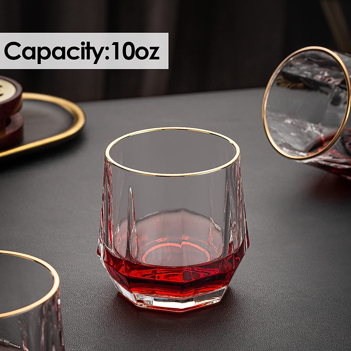 Gold Rim Stemless Wine Glasses , 6 Pack 10 oz Hand Blown Crystal Diamond Wine Glasses with 2 Wine Bottle Stoppers, Eventpartener Drinking Glasses, Elegant Glass Tumbler for Wine, Cocktail, Juice