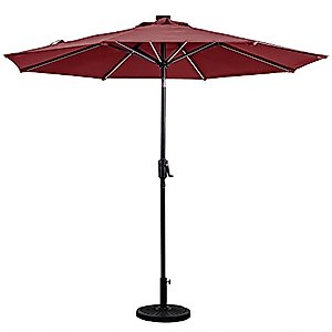 Sun-Ray 811028 9' Round Next Gen 8-Rib Solar Patio Umbrella 32 LED Within Unique Strip Lighting, Crank and Tilt, 9 ft, Scarlet/Red