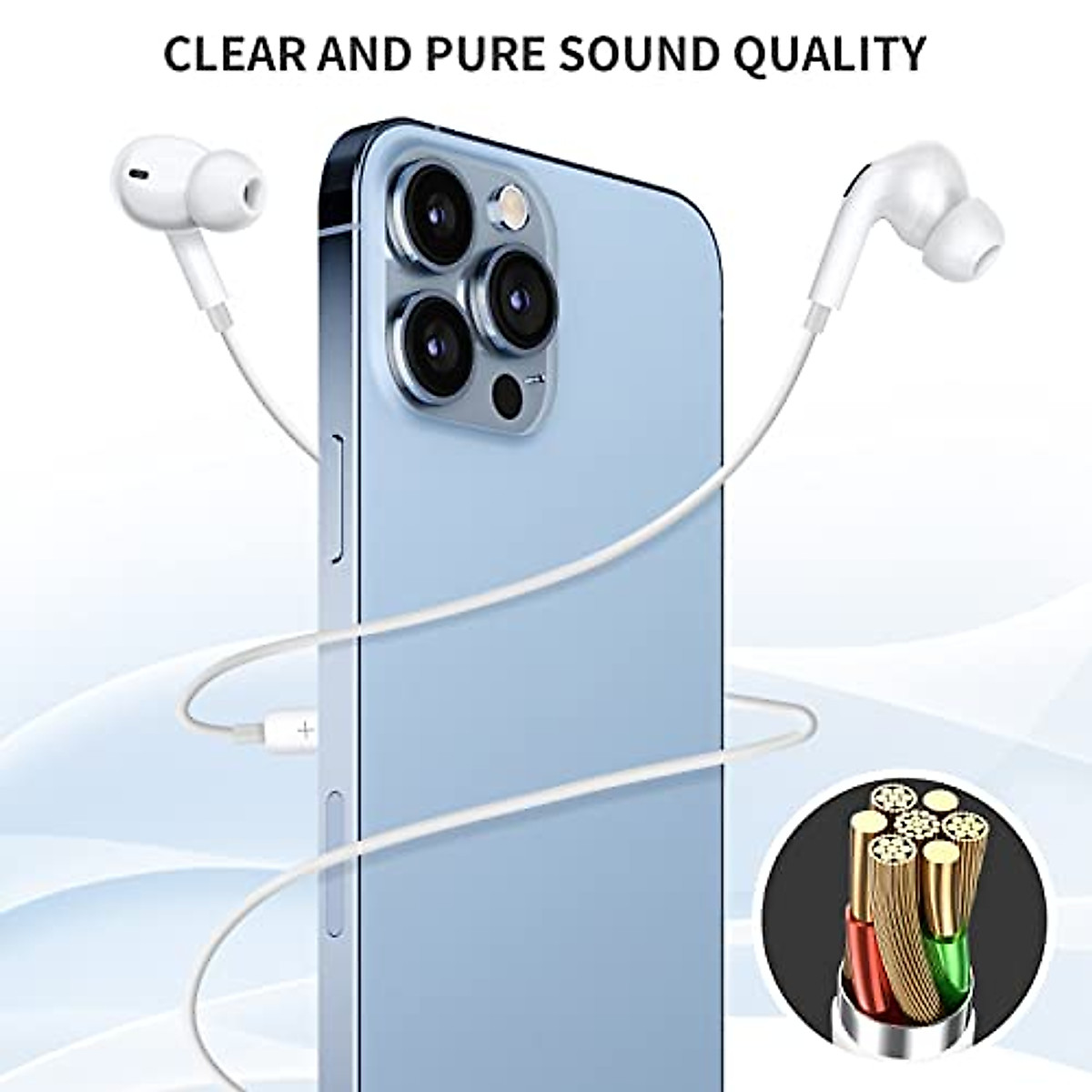 XNMOA Wired Headphones for iPhone 14 13/12/11/Se/X/Xr/Xs/8/7, Wired Earbuds Noise Canceling in-Ear Headset with Microphone,Comfortable Wired Earphones with Volume Control,White