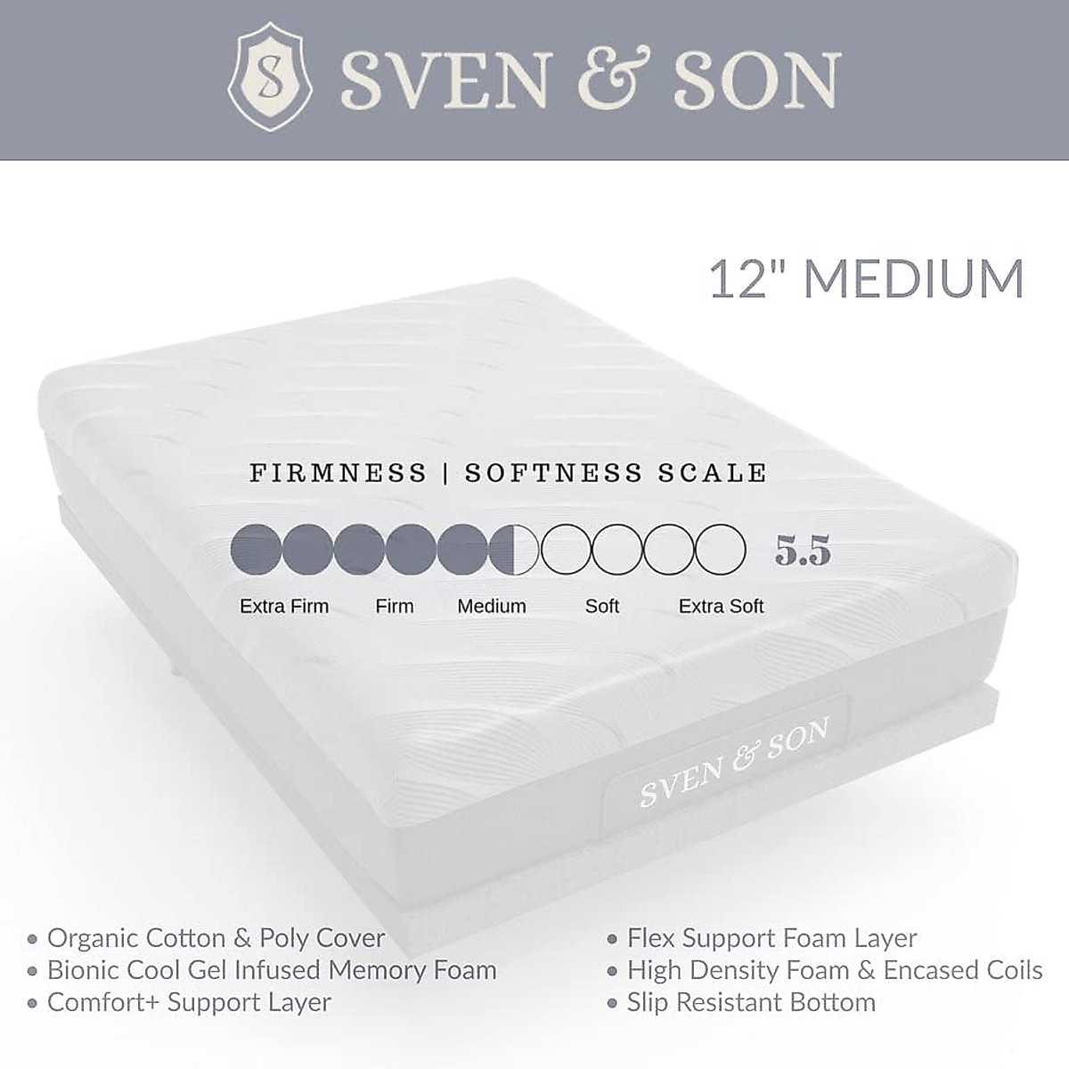 Sven & Son Queen Mattress, Bed in A Box, 12" Luxury Cool Gel Memory Foam, Pressure Relief & Support, 10" Year Warranty, Designed in USA (Queen, Mattress Only 12" Medium)