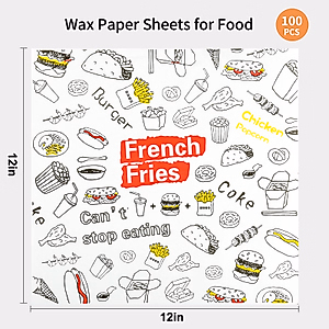 Hutuzldz 100Pcs Wax Paper Sheets for Food, Parchment Paper, Sandwich Wrapping Paper, Basket Liners Food Picnic Paper Sheets Greaseproof Deli Wrapping Sheets, 12 x 12 Inch