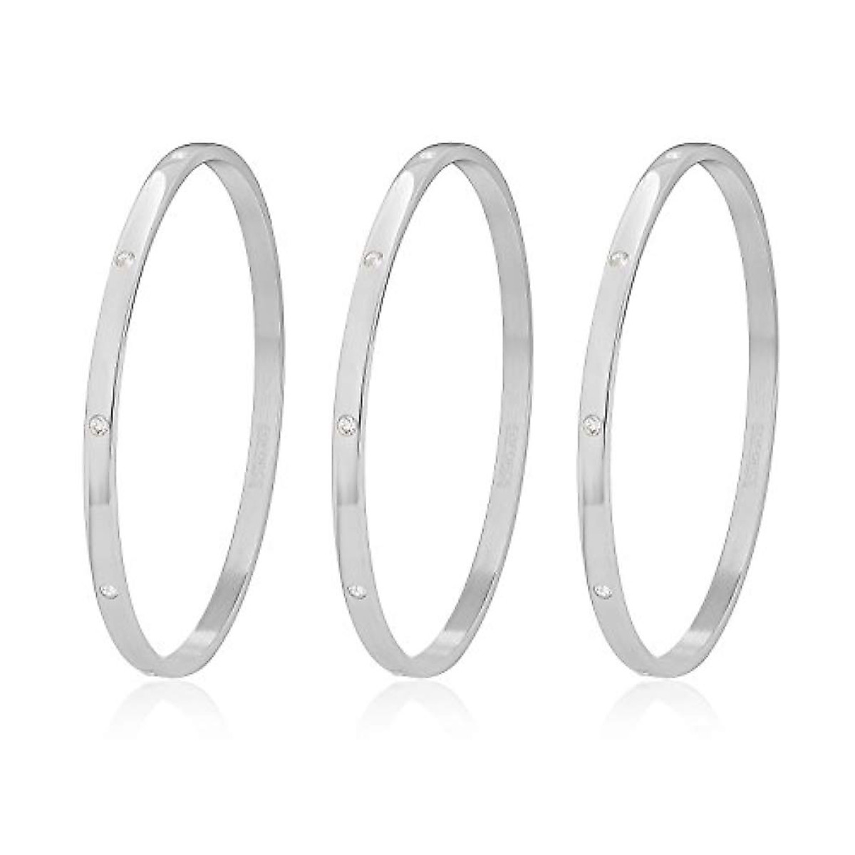 Edforce Stainless Steel Women's Stackable Set of 3 CZ Cubic Zirconia Bangles Bracelets (Silver, 8.5")