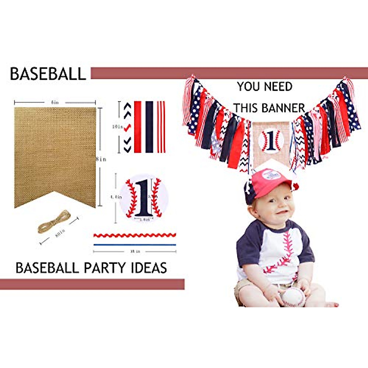 Baseball Banner for 1 St Birthday - First Birthday Decorations for Baseball Rag Tie Fabric Garland, Photo Booth Props Red White Blue, Birthday Souvenir and Gifts for Boy