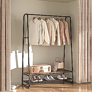 YATINEY Clothes Rack, Garment Rack for Hanging Clothes, Industrial Clothing Rack with 2 Shelves, 6 S Hooks, Metal Frame, for Bedrooms, Entrances, Rustic Brown and Black GR45BR