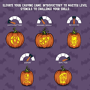 Halloween PumpKin Carving Party Kit – 8 Pcs Knives, Scoops, DIY Stencil Sheets, Gut Buckets & Table Cover – Heavy Duty Pumpkin Carving Kit for Halloween Door Decorations – Designed for 8 people