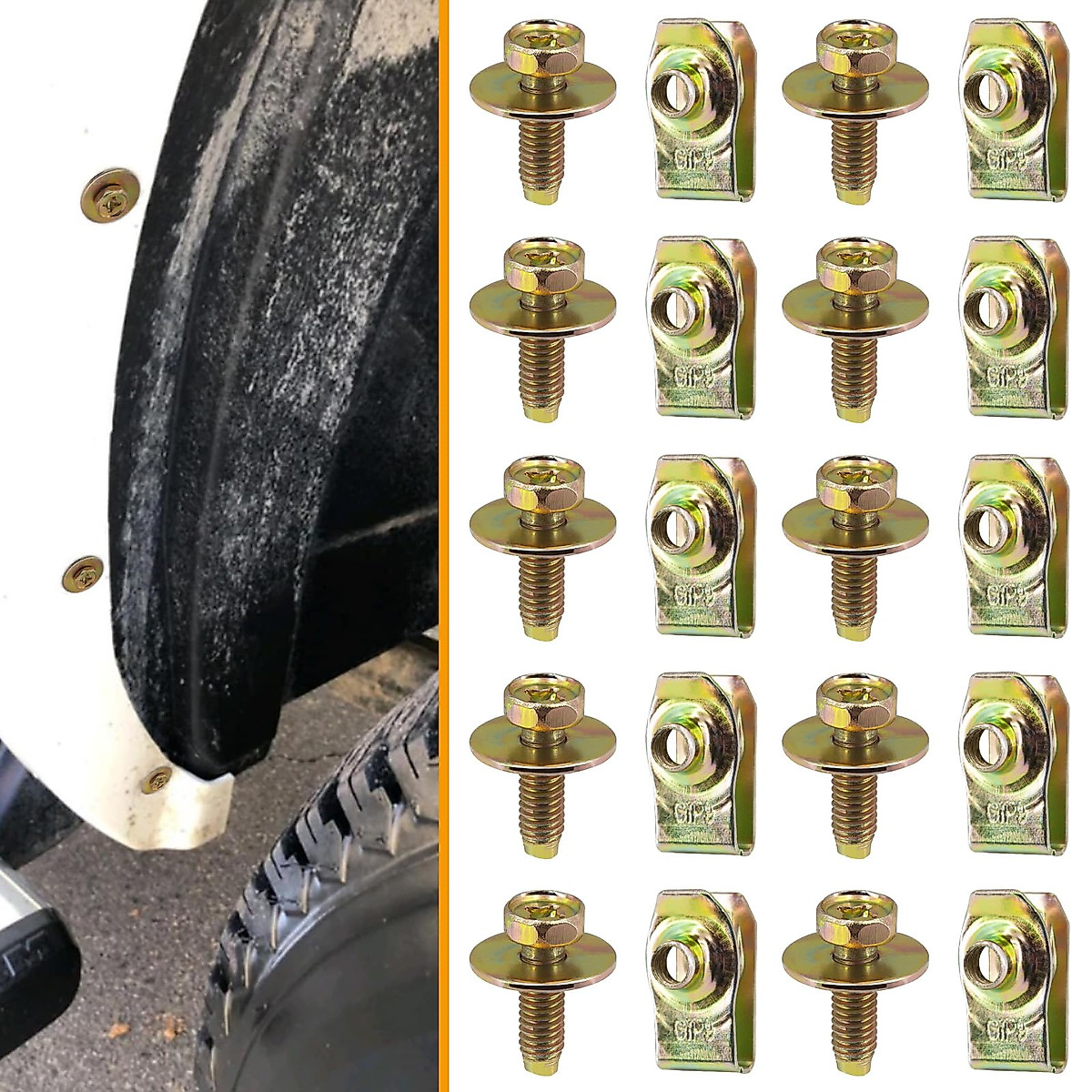 URMECCH 20x Body Bolts M6-1.0 x 20mm Long - 10mm Hex - 17mm Washer - 20x U-Nuts Clips Engine Under Cover Undertray Splash Shield Guard Bumper Fender Liner Push Retainer Fastener, Yellow Zinc Finish