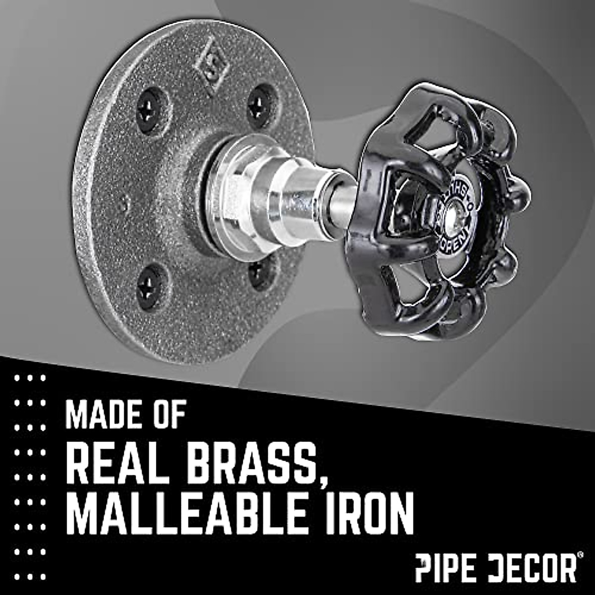 PIPE DECOR Coat Hook Black Industrial Water Spigot Valve Wall Mount with Real Iron Plumbing Flange for Home, Office or Retail Space 2-Pack