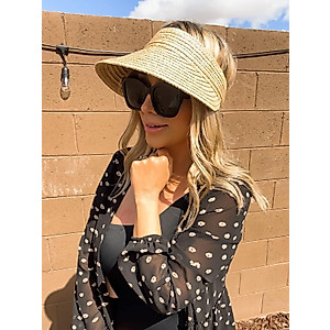 FURTALK Sun Visor Hats for Women Wide Brim Straw Foldable Beach Summer Roll Up Ponytail Hat Khaki