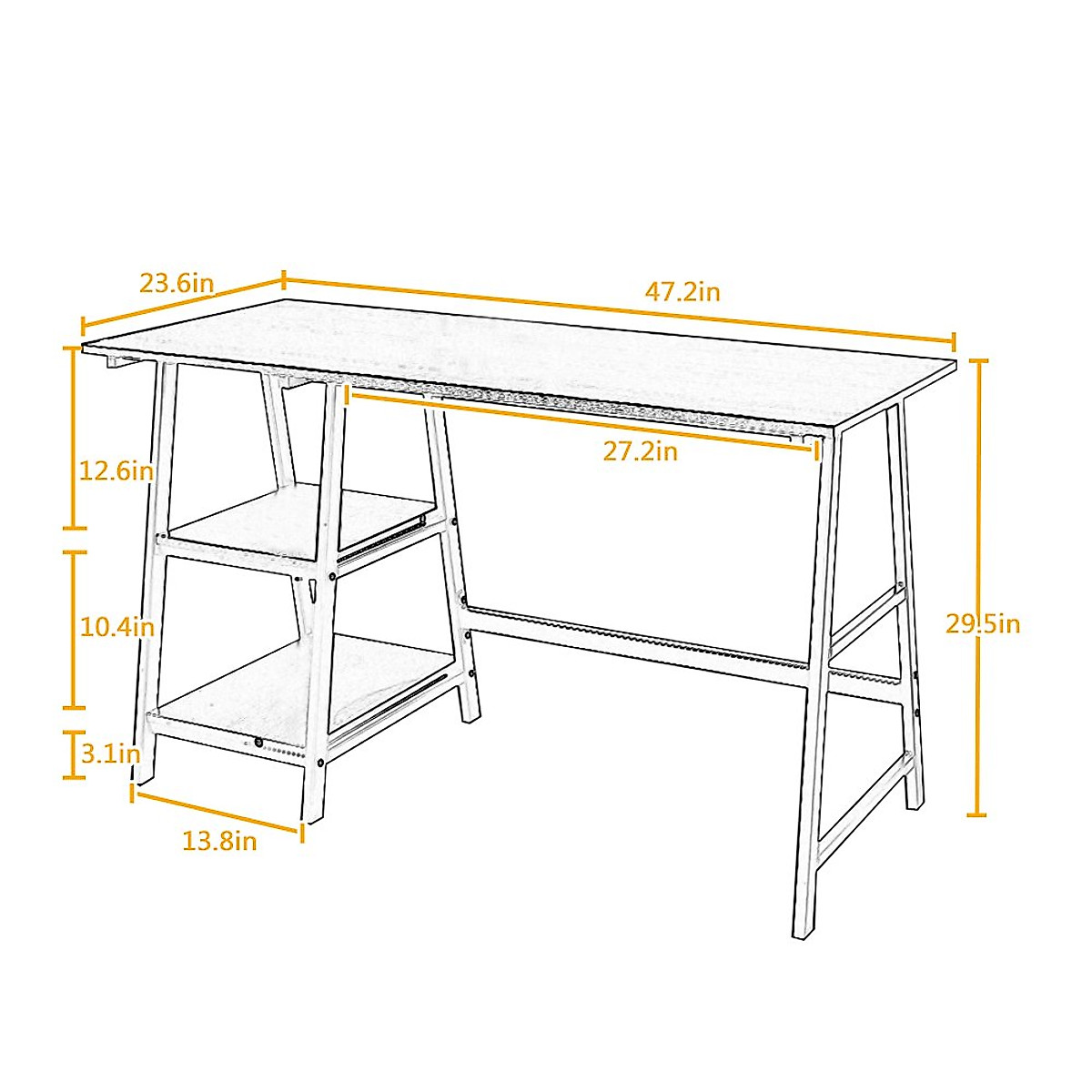 Trestle Desk with 2 Shelves, soges 47 inches Reversible Storage Desk with Racks, Home Office Computer Desk Organizer Workstation, Student Desk Wooden School Desk, Black