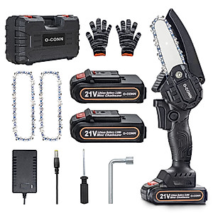 Mini Chainsaw, O-CONN 4 Inch Cordless Handheld Electric Chainsaw with 2 Batteries and 2 Chains, Battery Powered Portable Small Chain Saw with Safety Lock, for Tree Trimming Branch Wood Cutting