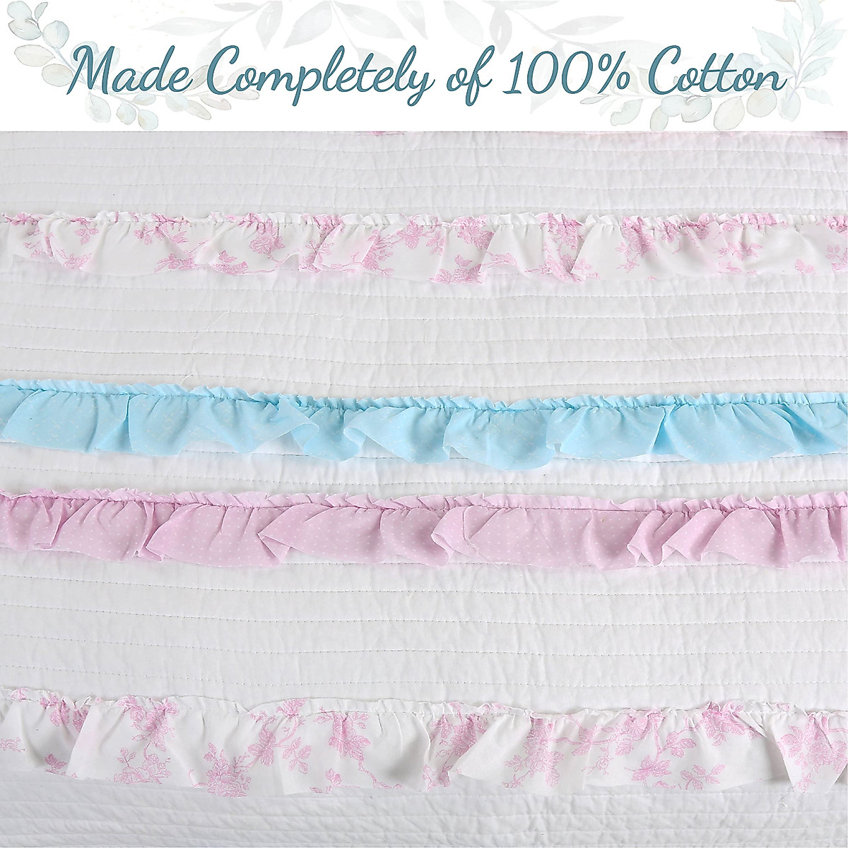 Cozy Line Home Fashions Light Pink Blue Coral White Ruffle 100% Cotton Reversible Girl Quilt Bedding Set, Reversible Coverlet Bedspread (Shabby Chic, Twin - 2 Piece)