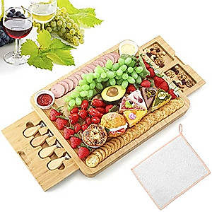 Weoowin Bamboo Charcuterie Boards and Knife Set - Large Cheese Board, Cheese Platter & Tray, Unique House Warming, Birthday, Christmas, Wedding, Registry, Bridal Gift