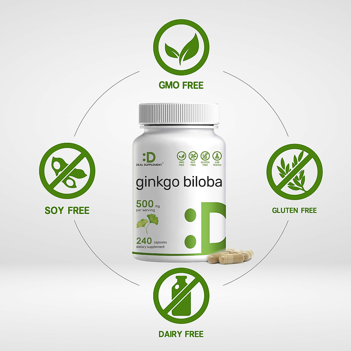 DEAL SUPPLEMENT Ginkgo Biloba 500mg Per Serving, 240 Capsules, 4 Month Supply – Grown in Northern Asia – Extra Strength, Promotes Brain Function