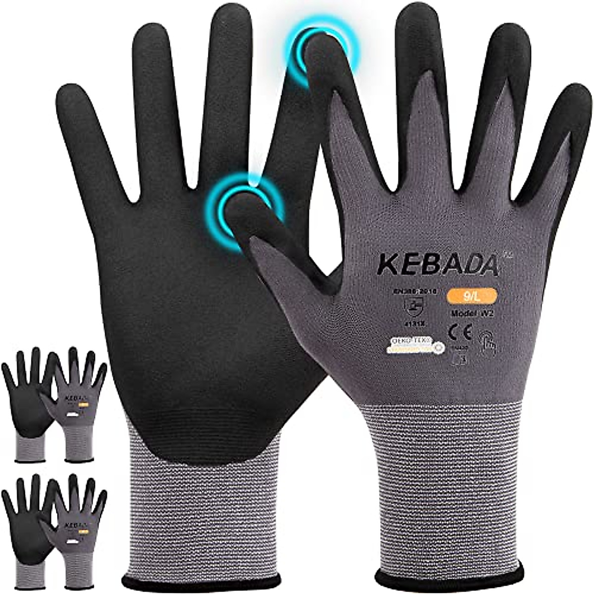 Kebada W2 Work Gloves for Men and Women, Touchscreen Working Gloves with Grip, Nitrile Coated Work Gloves for Gardening, Package Handling, Stretchy Gloves for Mechanic Work,2 Pairs, Medium