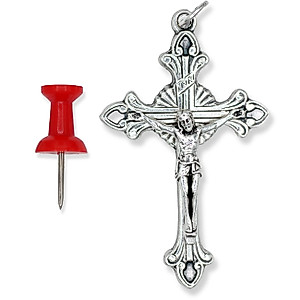 Bulk Pack of 5 - Large Flared Sunburst Fleur-De-Lis Crucifix Rosary Part - 2 1/8" Italian Silver Oxidized Finish Cross for Rosary Making Rosary Making Supplies, Made in Italy